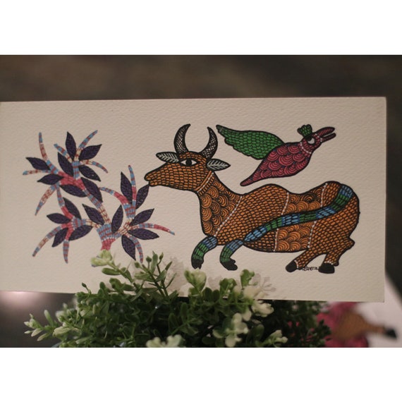 Painting 2 Bulls Painted in Traditional Indian Gond Style Acrylic Art ...