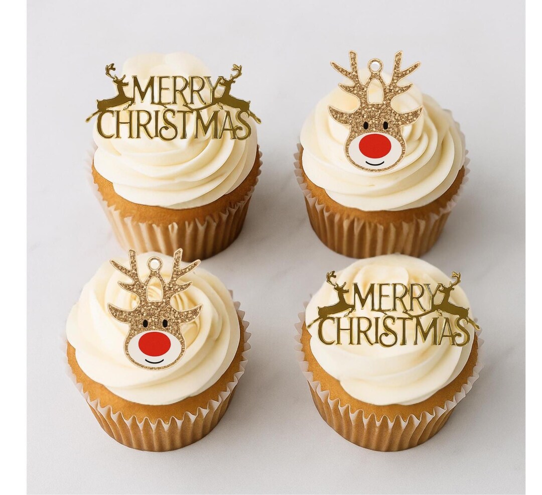 Merry Christmas Cupcake Toppers Reindeer Acrylic Decorations Festive ...