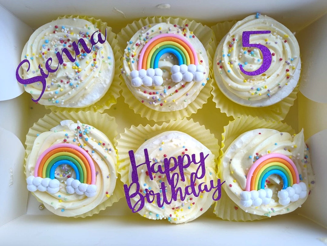 Personalized Rainbow Cupcake Toppers Birthday Party Decoration Cake ...