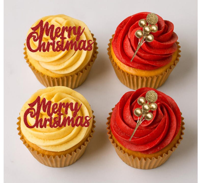 Merry Christmas Cupcake Toppers Glitter Holiday Cake Decorations Xmas ...