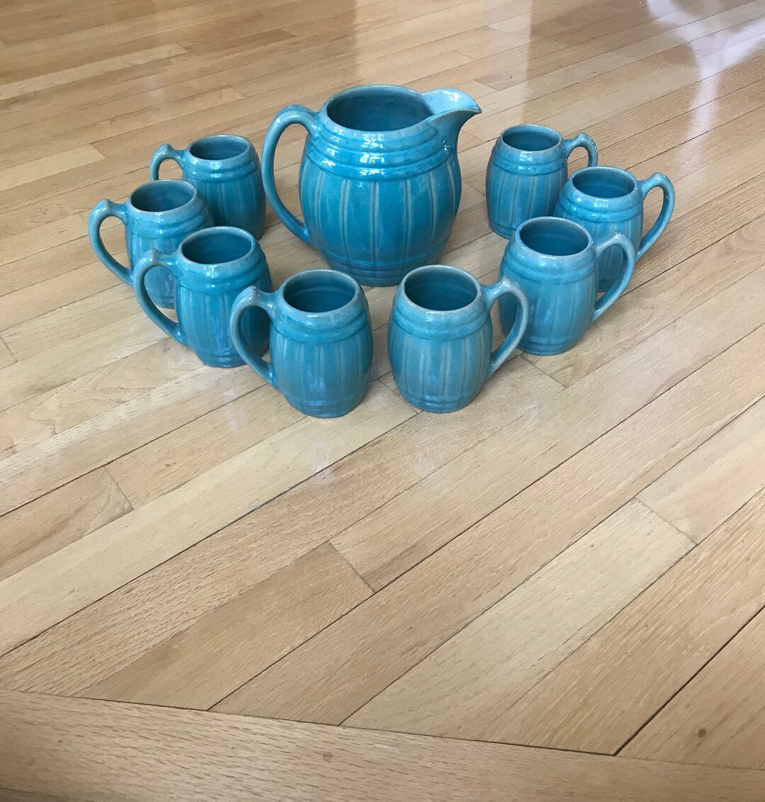 RARE Dark Teal / Blue Green Root Beer Barrel Pitcher and Mugs Set - Etsy