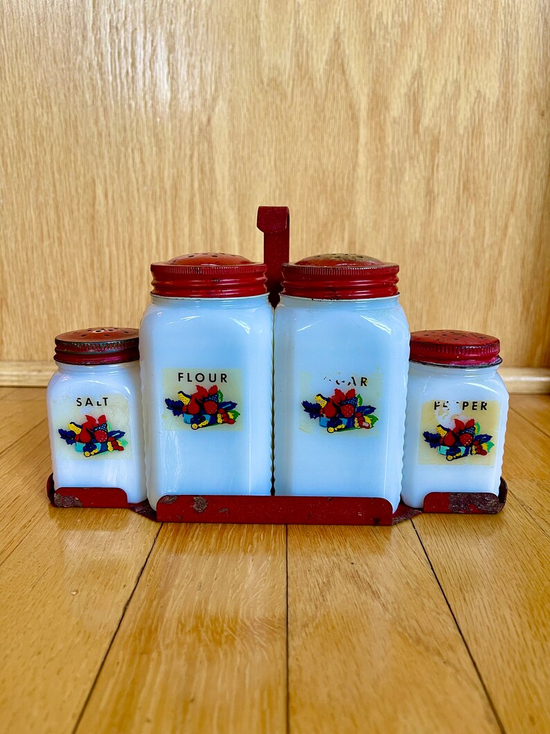 Vintage 1940s Calico Fruit Milk Glass With Red Lid Hazel Atlas Spice ...