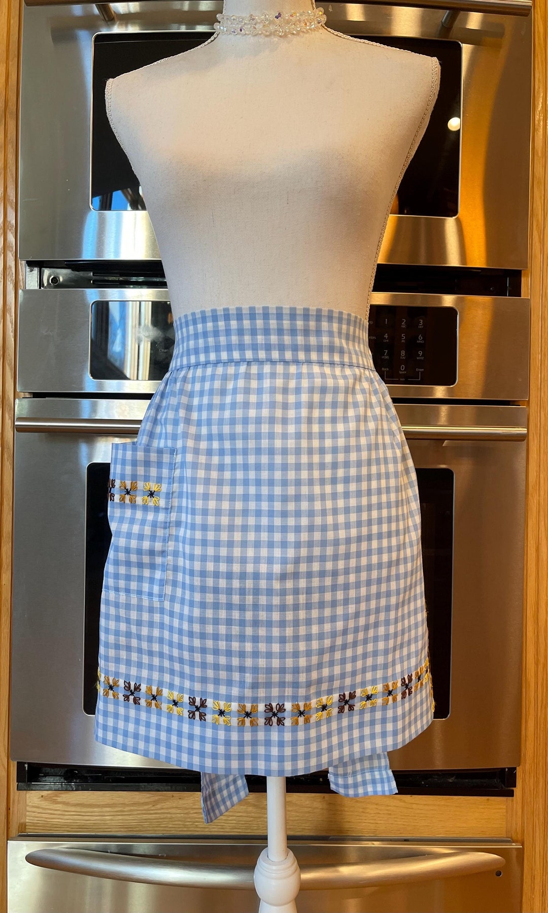 Fun Vintage Blue and White Checkered Half Apron With Fun Gold Brown and ...