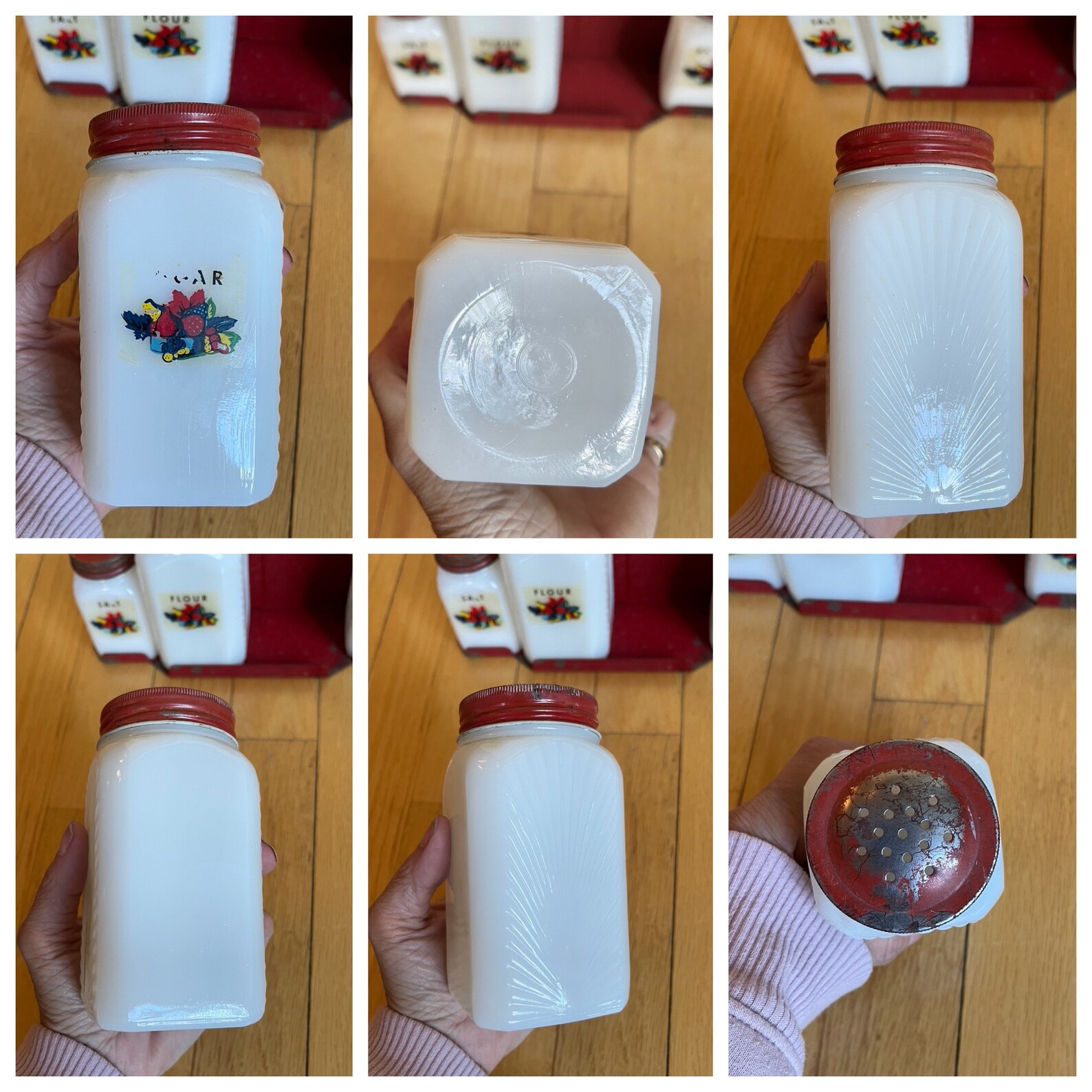 Vintage 1940s Calico Fruit Milk Glass With Red Lid Hazel Atlas Spice ...