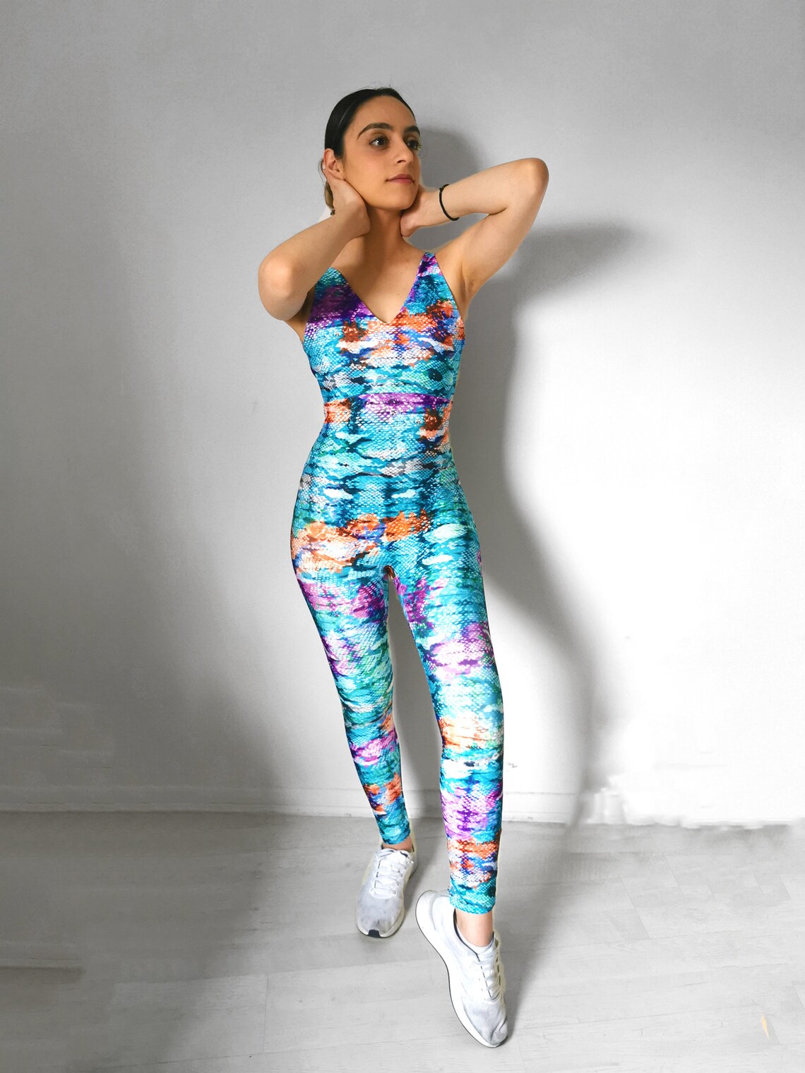 Blue "tropical" Jumpsuit Active Suit Catsuit Gym Dance Aerial Pole ...