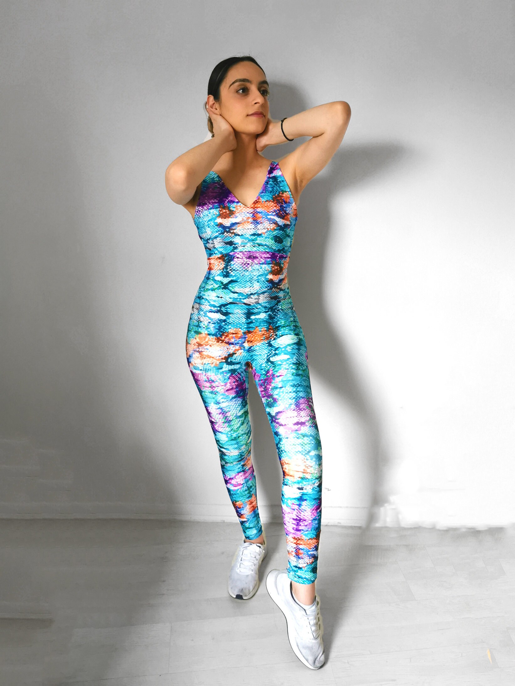 Blue "tropical" Jumpsuit Active Suit Catsuit Gym Dance Aerial Pole ...