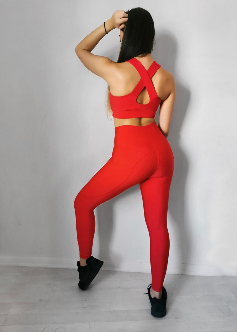 Red Cross Back Sports Bra Activewear Set Top Yoga Gym Dance Aerial Pole ...