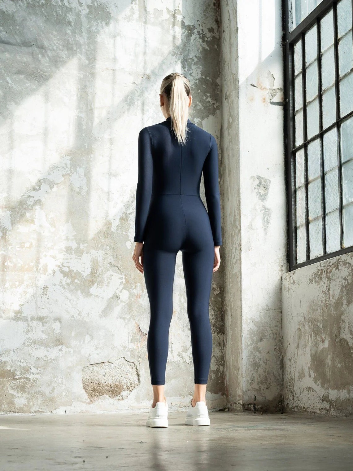 Navy Long Sleeve Zip Yoga Unitard Jumpsuit Onesie Catsuit Gym Outfit ...