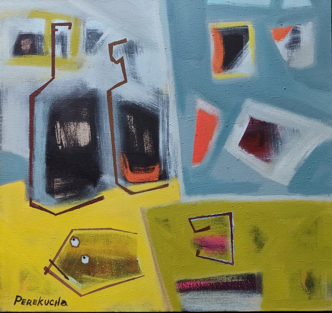 Pintura original, obra de arte de bodegón cubista, artista Perekucha ...
