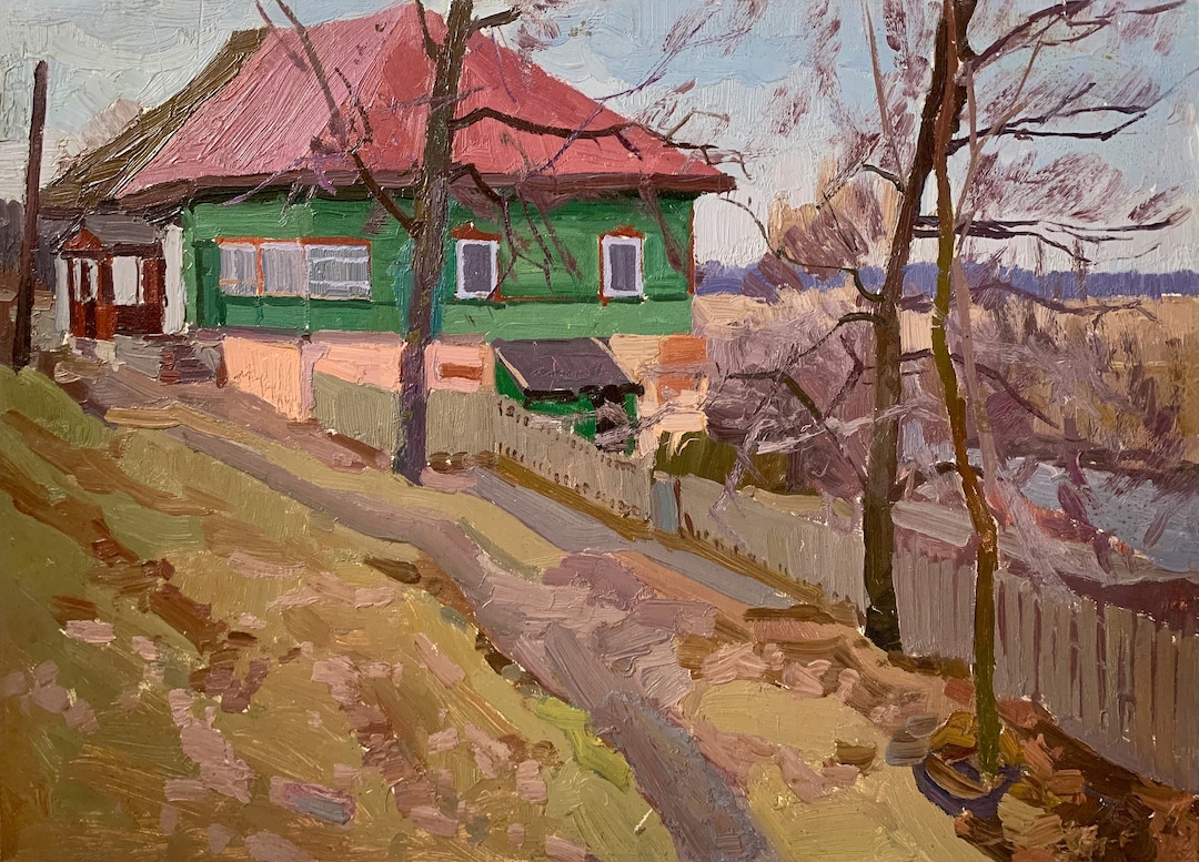 ANTIQUE RURAL LANDSCAPE Village House Original Oil Painting Soviet ...