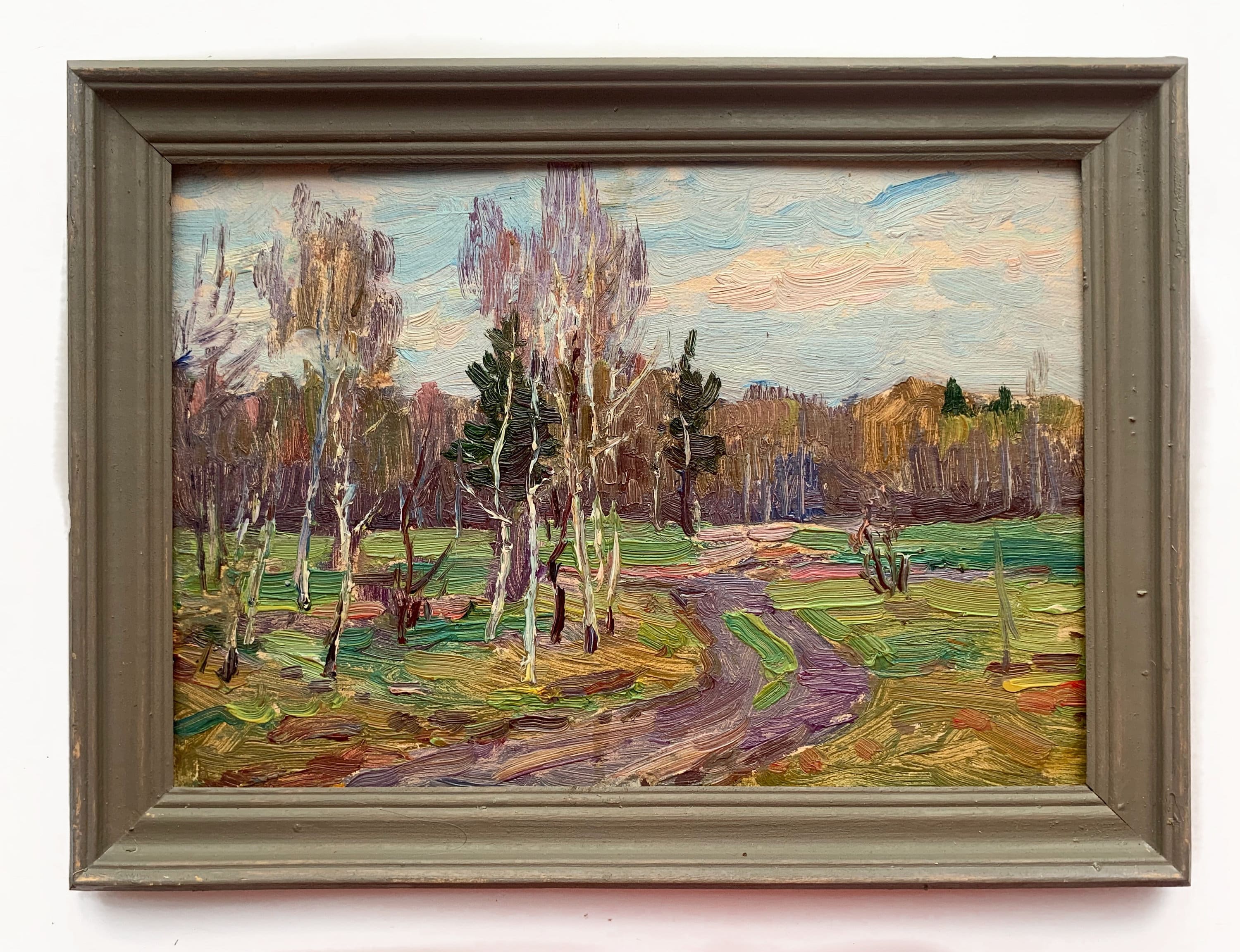 Oil Painting VINTAGE AUTUMN PAINTING Fall forest landscape Nature birch ...