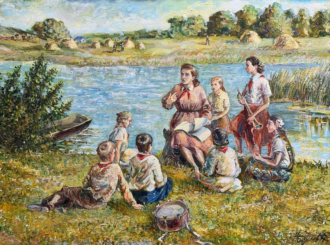 VINTAGE GENRE SCENE Children Picnic Original Oil Painting Pioneers ...