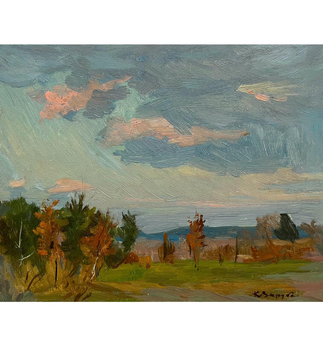 ANTIQUE RURAL PAINTING Sunset Sky Meadow Hillside Scene - Oil ...