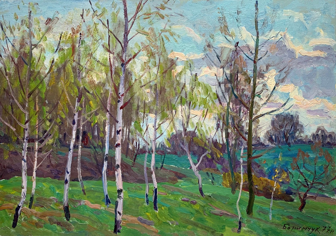 VINTAGE SPRING ART Antique Nature Birches Forest Landscape Original Oil ...