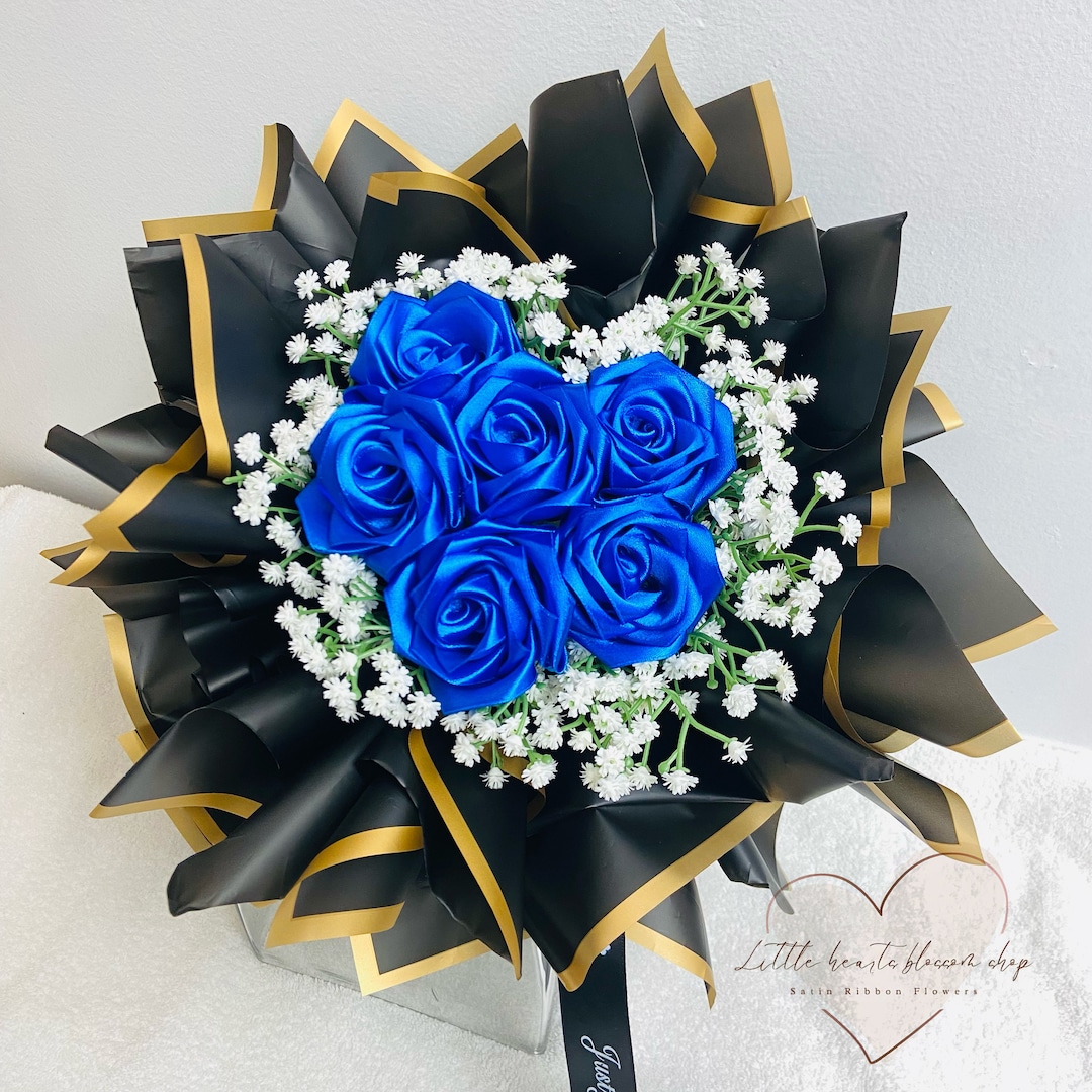 Blue Rose Mini Satin Ribbon Bouquet, Never Fade Bouquet, Single Bouquet ...