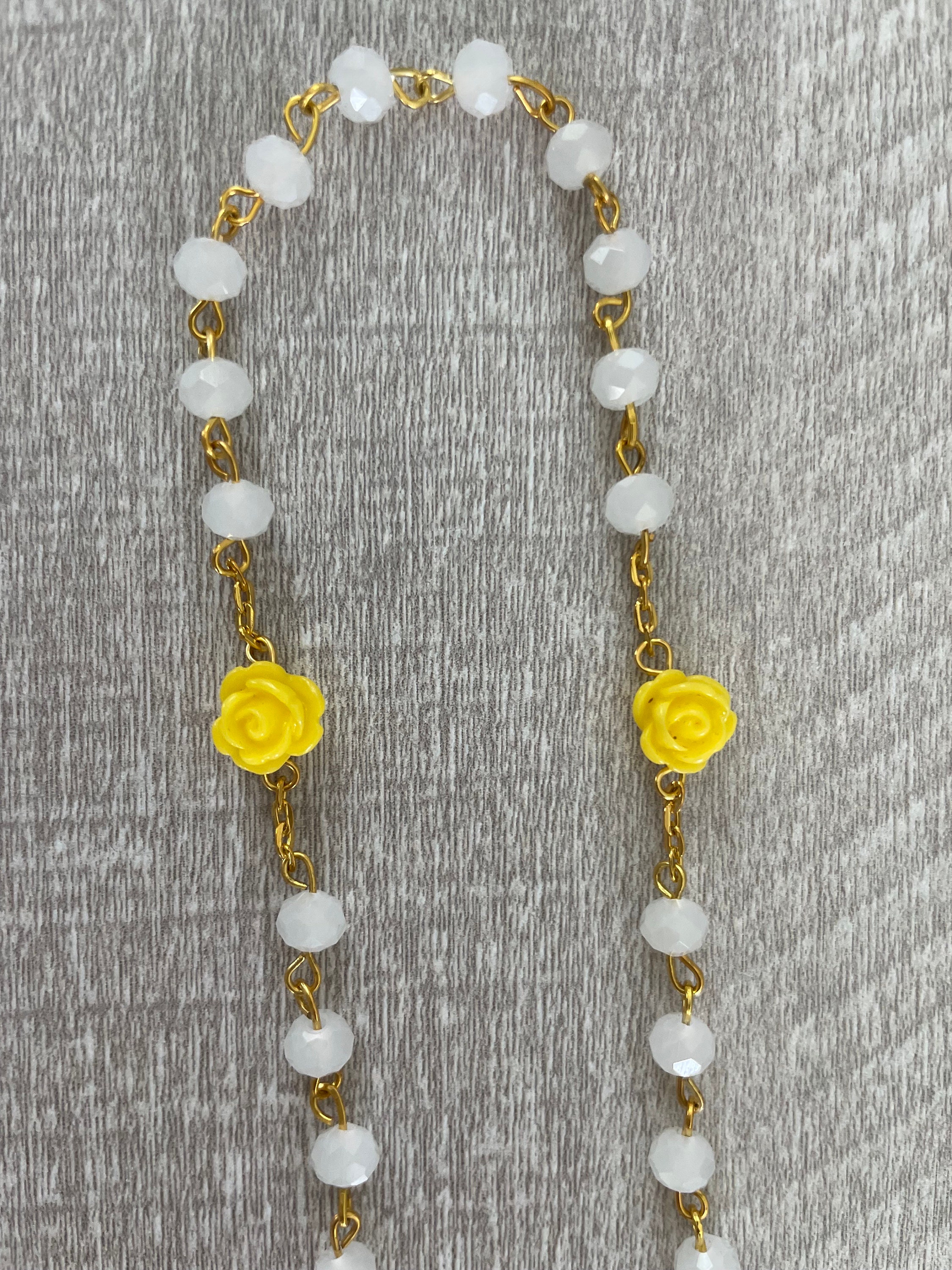 Handcrafted Catholic Prayer Rosary. Opal Crystals, Yellow Rose Beads ...