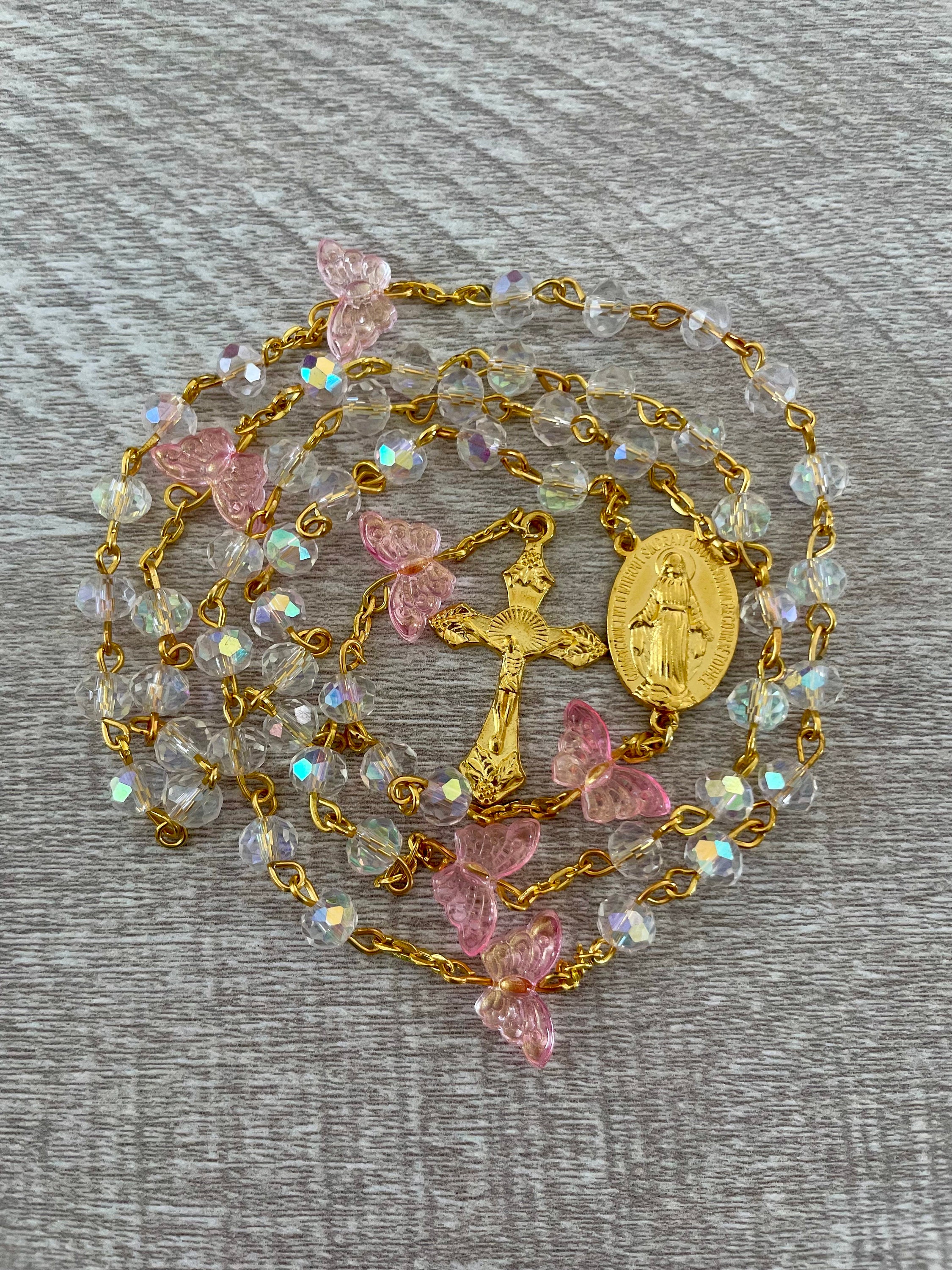Handcrafted Prayer Rosary. Pink Butterfly Beads, Clear Crystals, Gold ...