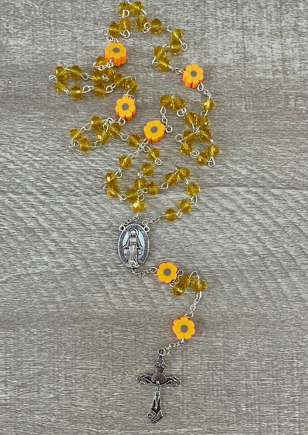 Catholic Prayer Rosary. Yellow Crystal Beads, Sunflowers, Silver Plated ...