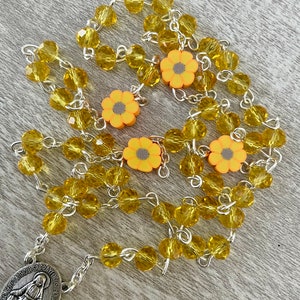 Catholic Prayer Rosary. Yellow Crystal Beads, Sunflowers, Silver Plated ...