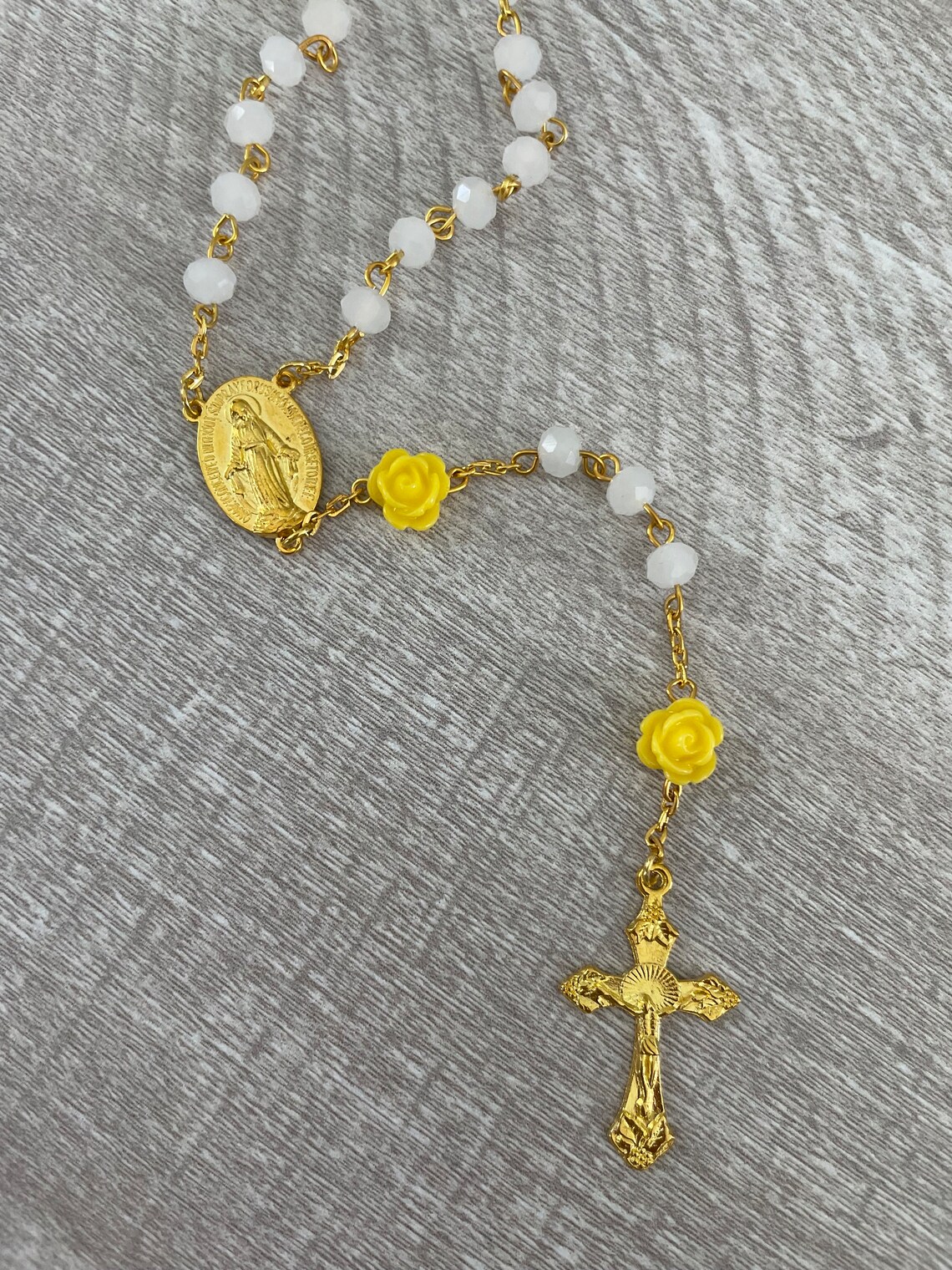 Handcrafted Catholic Prayer Rosary. Opal Crystals, Yellow Rose Beads ...