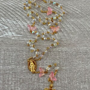 Handcrafted Prayer Rosary. Pink Butterfly Beads, Clear Crystals, Gold ...