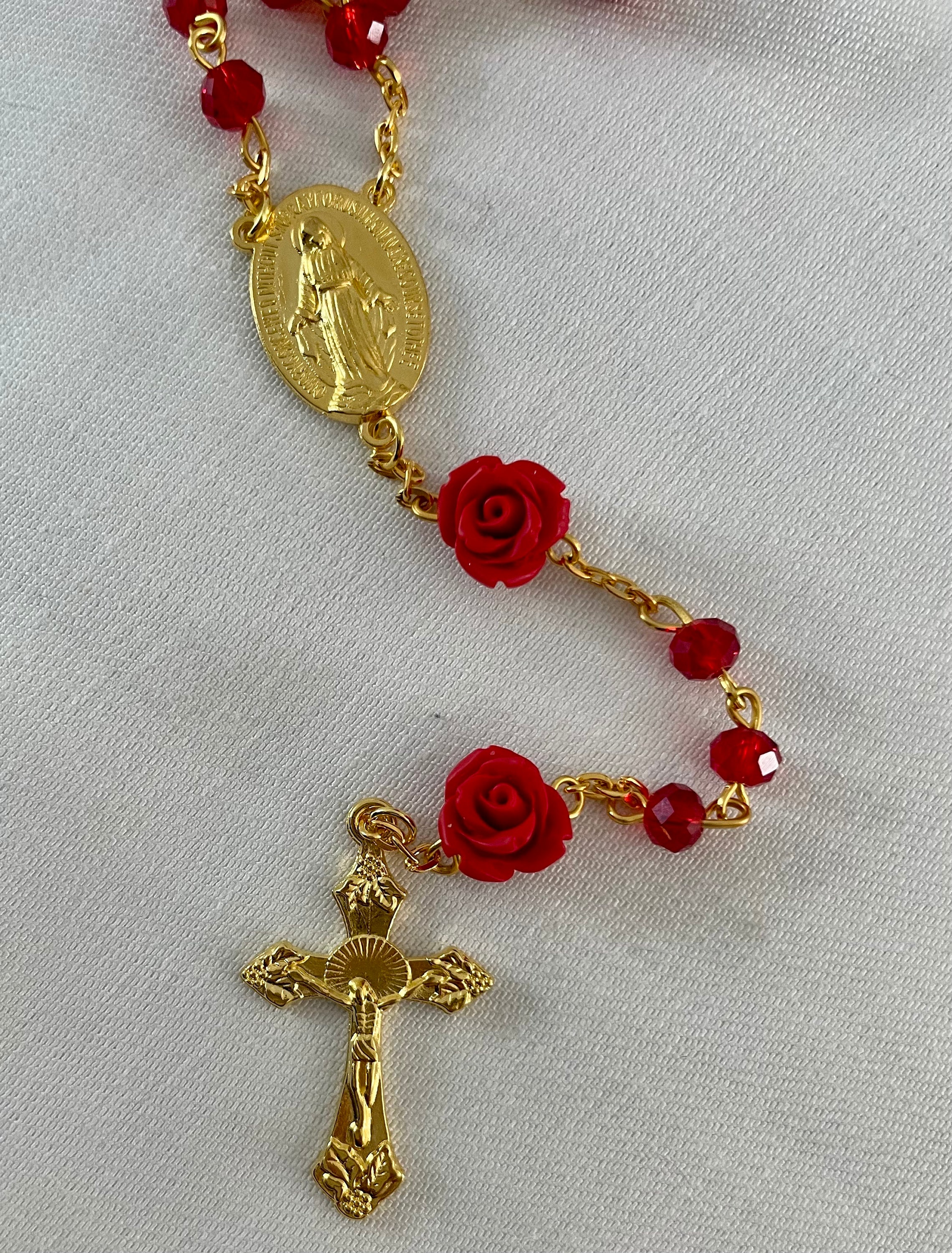 Handcrafted Catholic Prayer Rosary. Red Crystals, Red Rose Beads & Gold ...