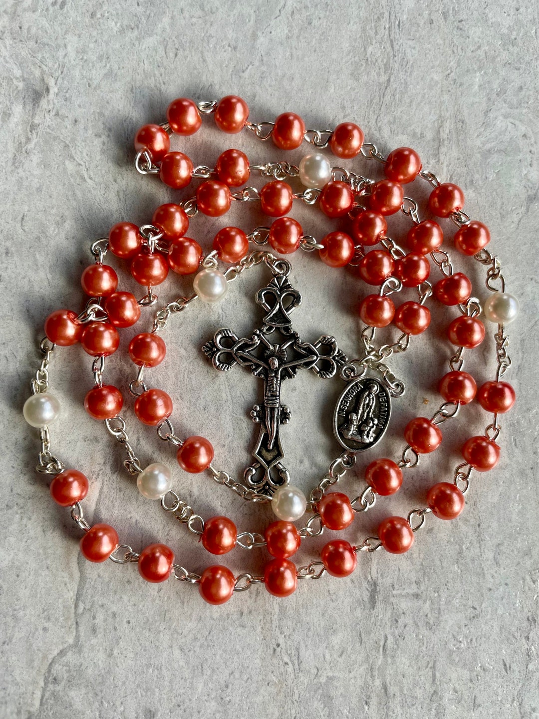 Handcrafted Catholic Prayer Orange and White Rosary With Silver ...