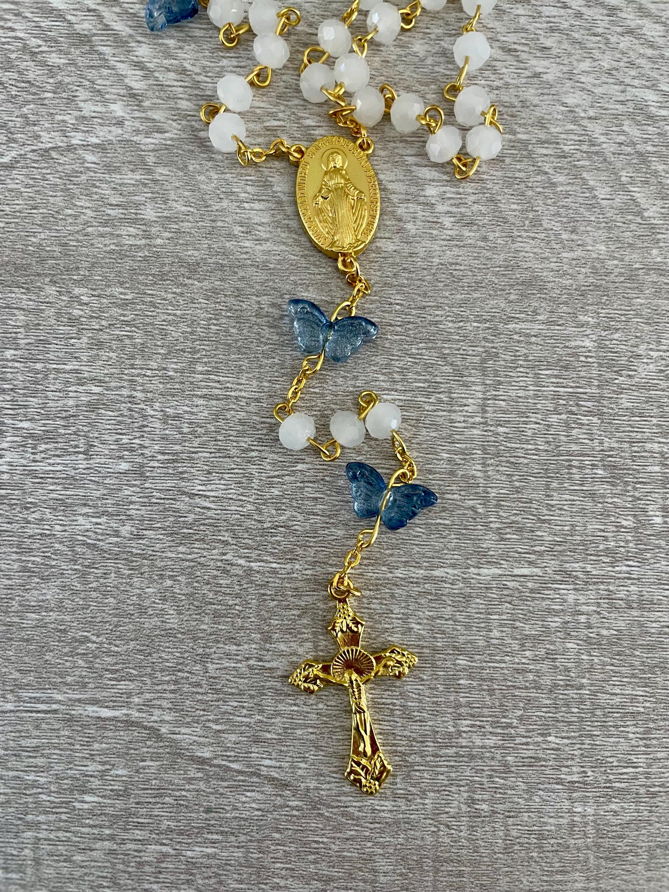 Catholic Prayer Rosary. White Crystals With Navy Blue Butterflies Gold ...