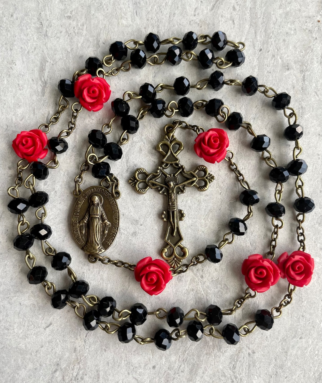 Handcrafted Catholic Prayer Rosary. Black Crystals With Red Rose Beads ...
