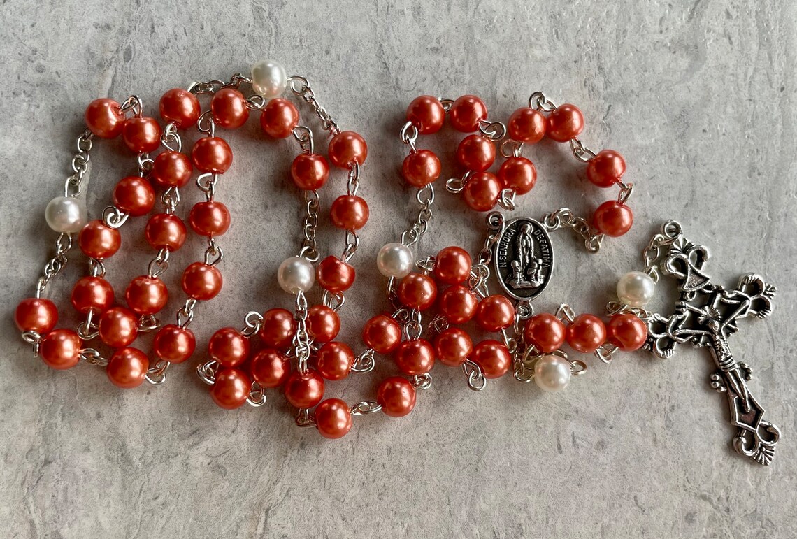 Handcrafted Catholic Prayer Orange and White Rosary With Silver ...