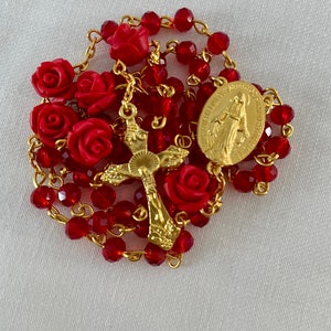 Handcrafted Catholic Prayer Rosary. Red Crystals, Red Rose Beads & Gold ...