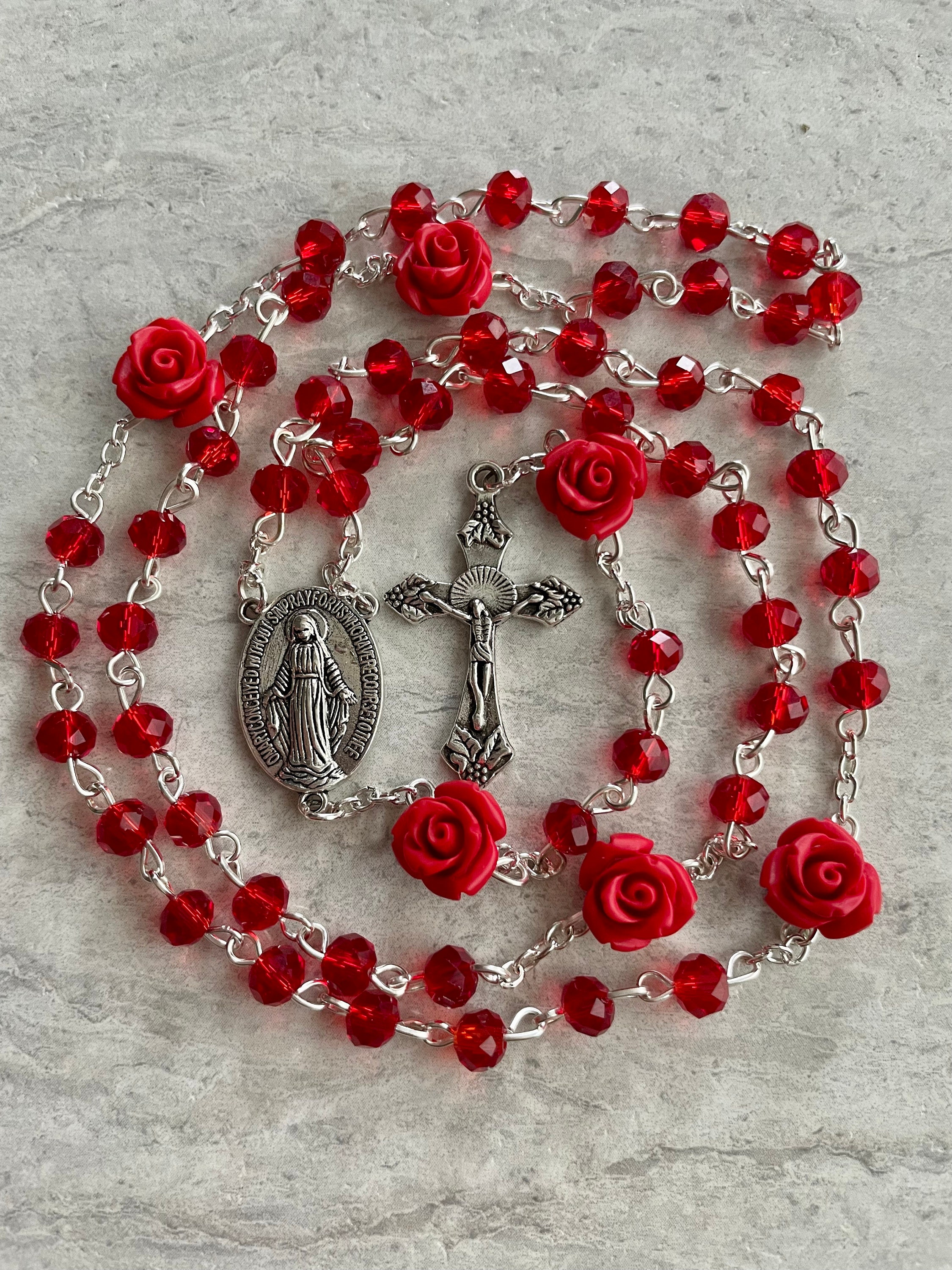 Handcrafted Prayer Rosary. Red Crystals With Red Rose Beads Optional ...