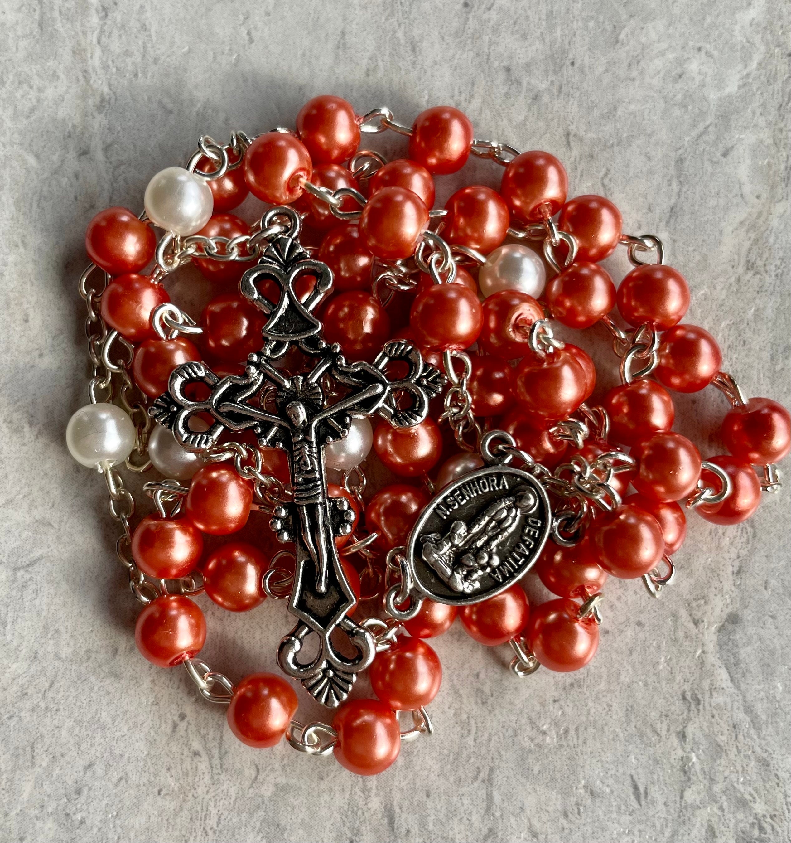 Handcrafted Catholic Prayer Orange and White Rosary With Silver ...