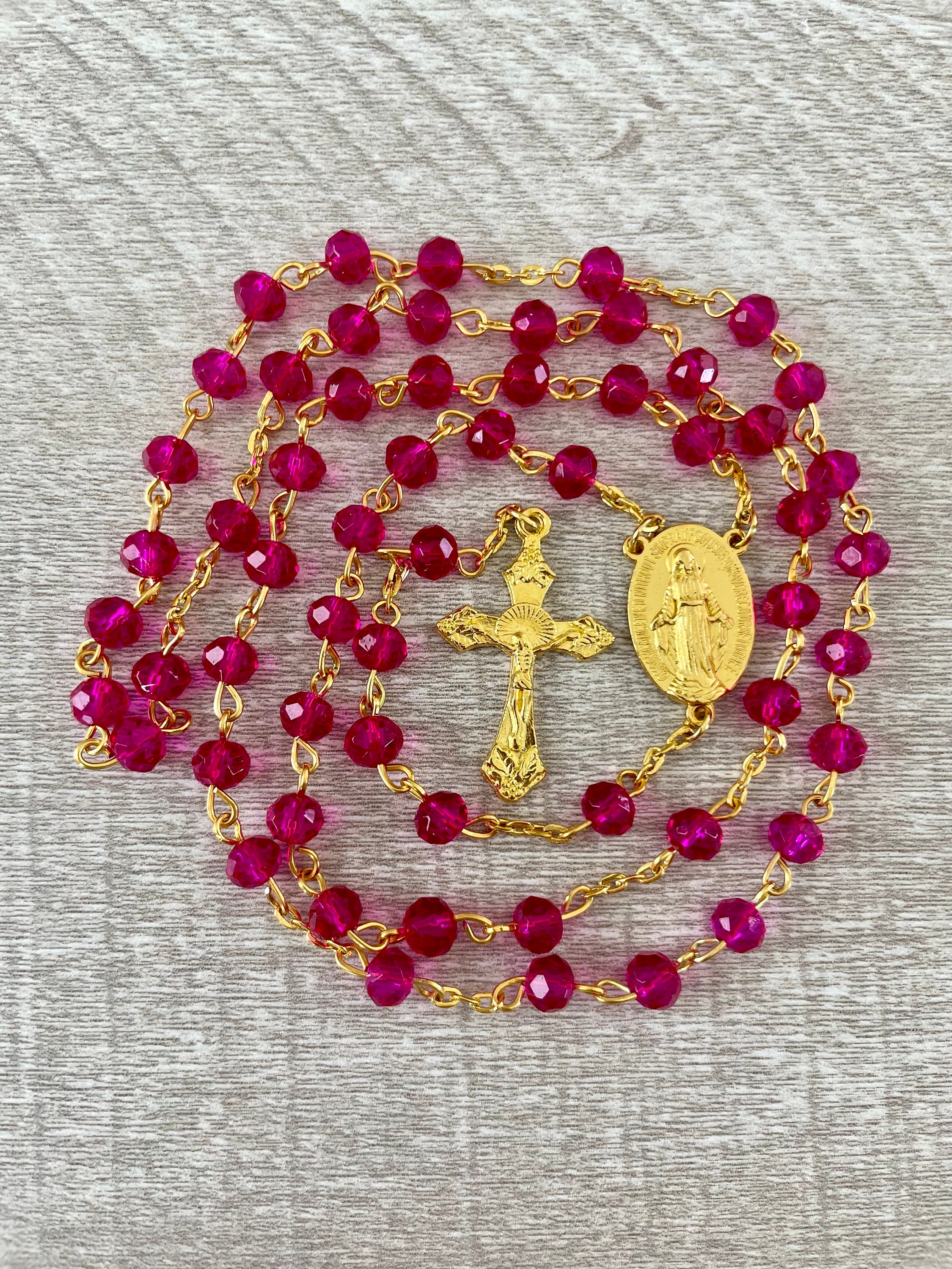 Handcrafted Pink and Gold Catholic Prayer Rosary. Hot Pink Rosary ...
