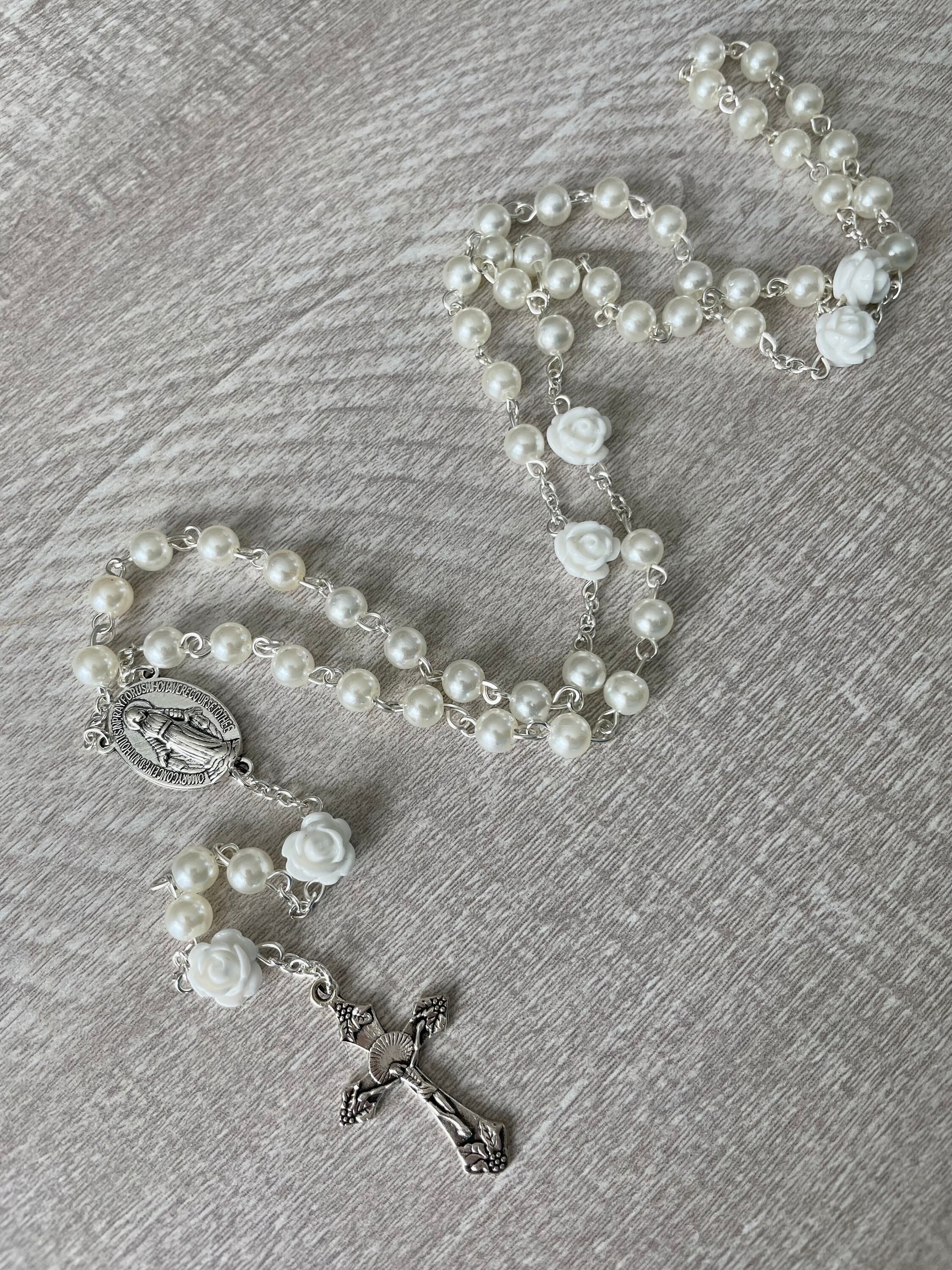 Catholic Prayer Rosary. White Faux Pearls With Roses, Silver Crucifix ...