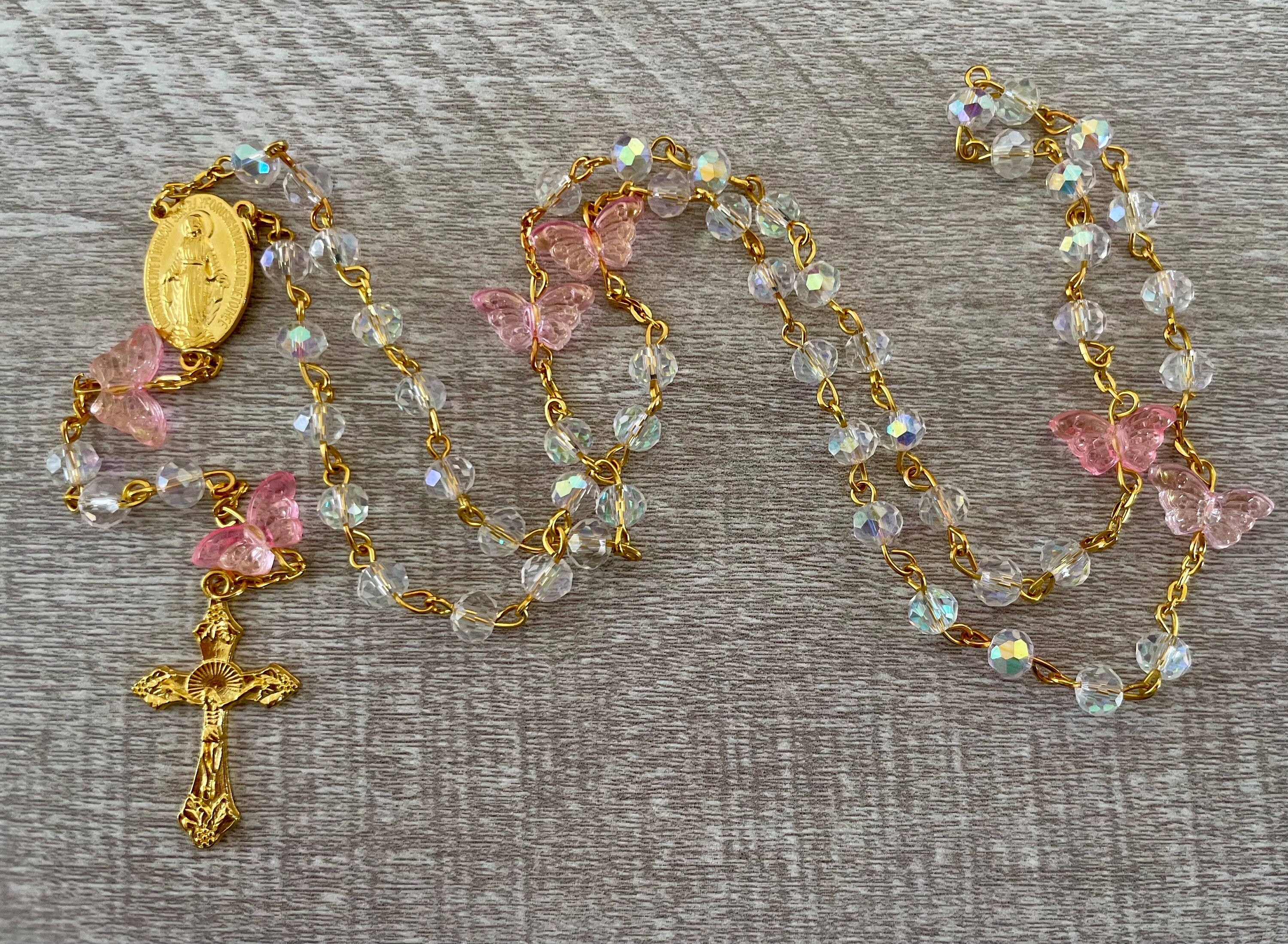 Handcrafted Prayer Rosary. Pink Butterfly Beads, Clear Crystals, Gold ...