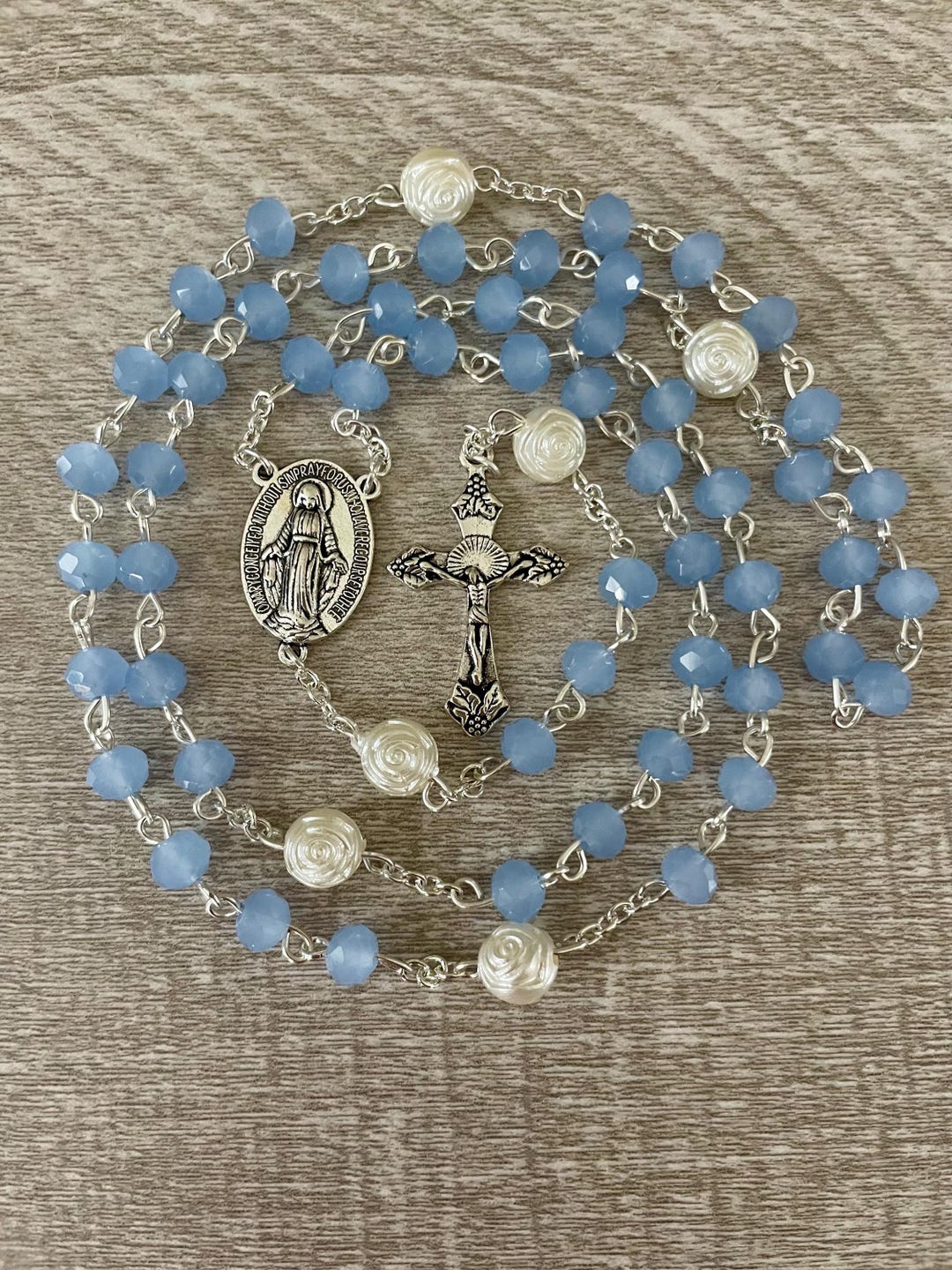 Catholic Prayer Rosary. Powder Blue Crystal With White Roses, Silver ...