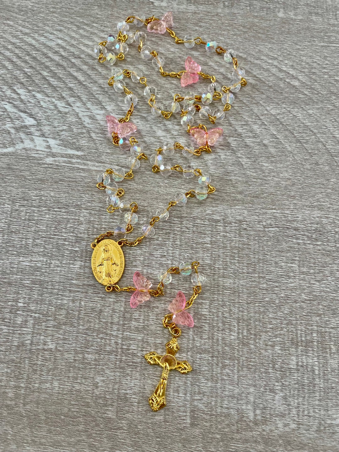 Handcrafted Prayer Rosary. Pink Butterfly Beads, Clear Crystals, Gold ...