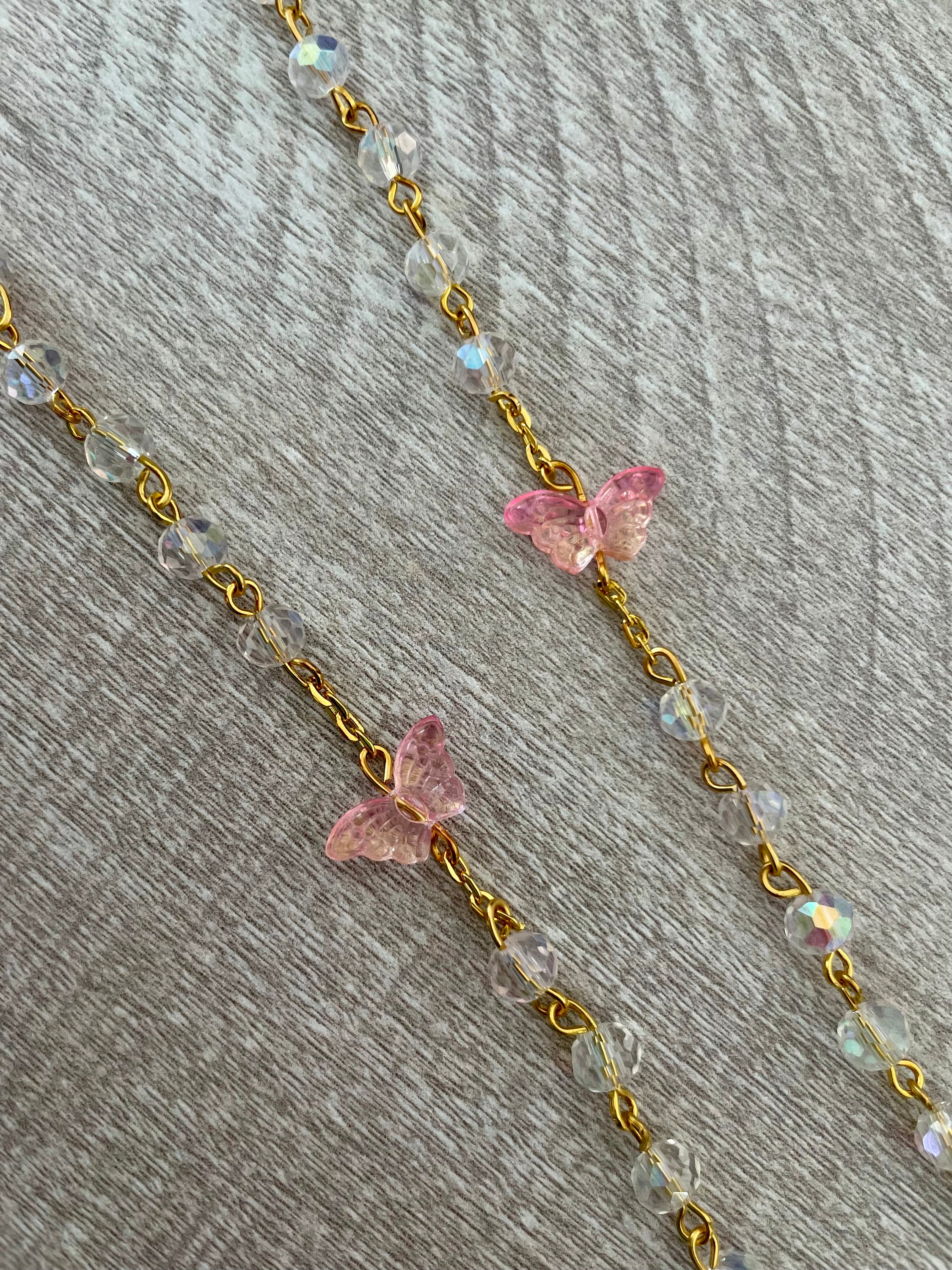 Handcrafted Prayer Rosary. Pink Butterfly Beads, Clear Crystals, Gold ...