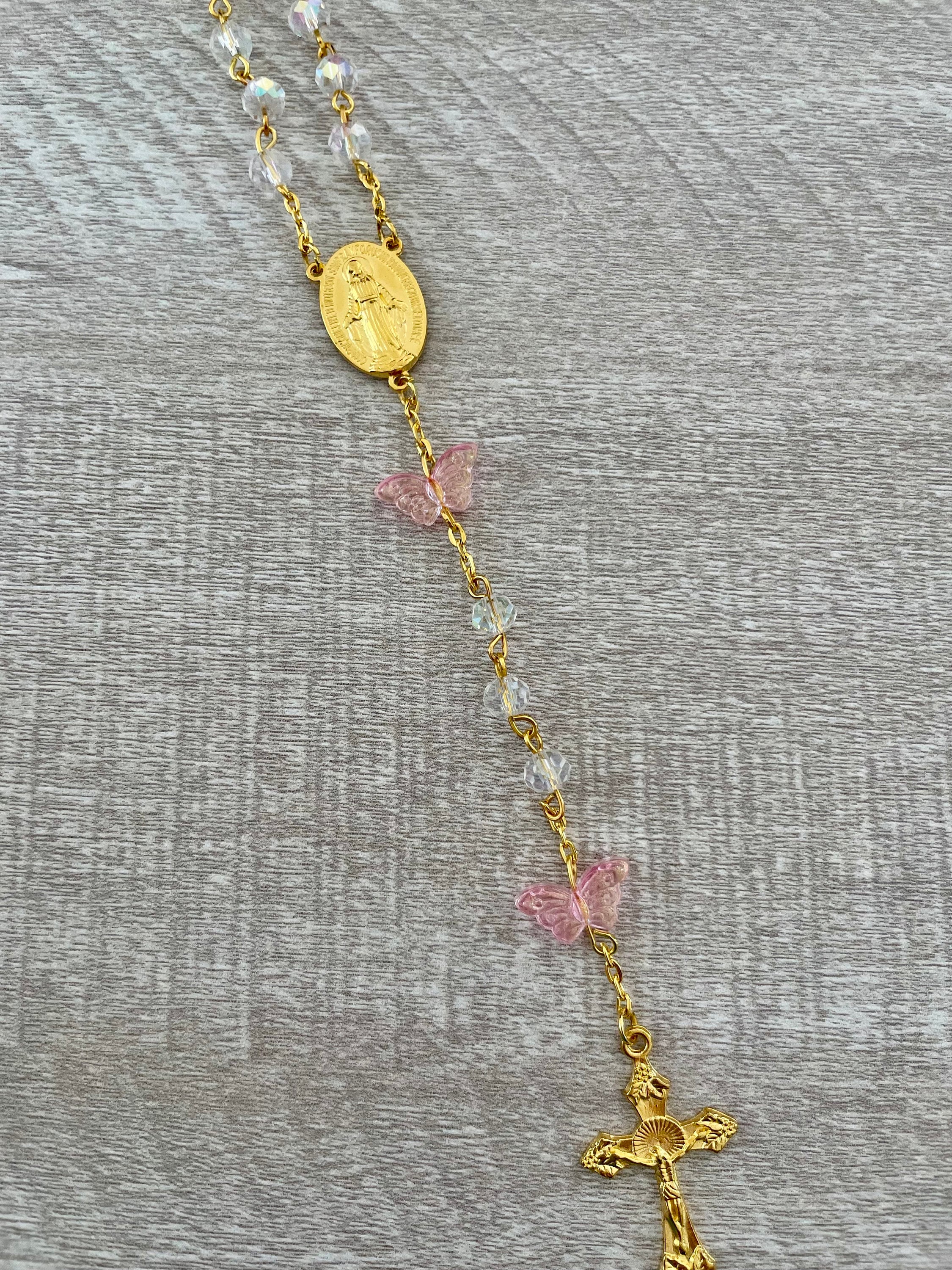 Handcrafted Prayer Rosary. Pink Butterfly Beads, Clear Crystals, Gold ...