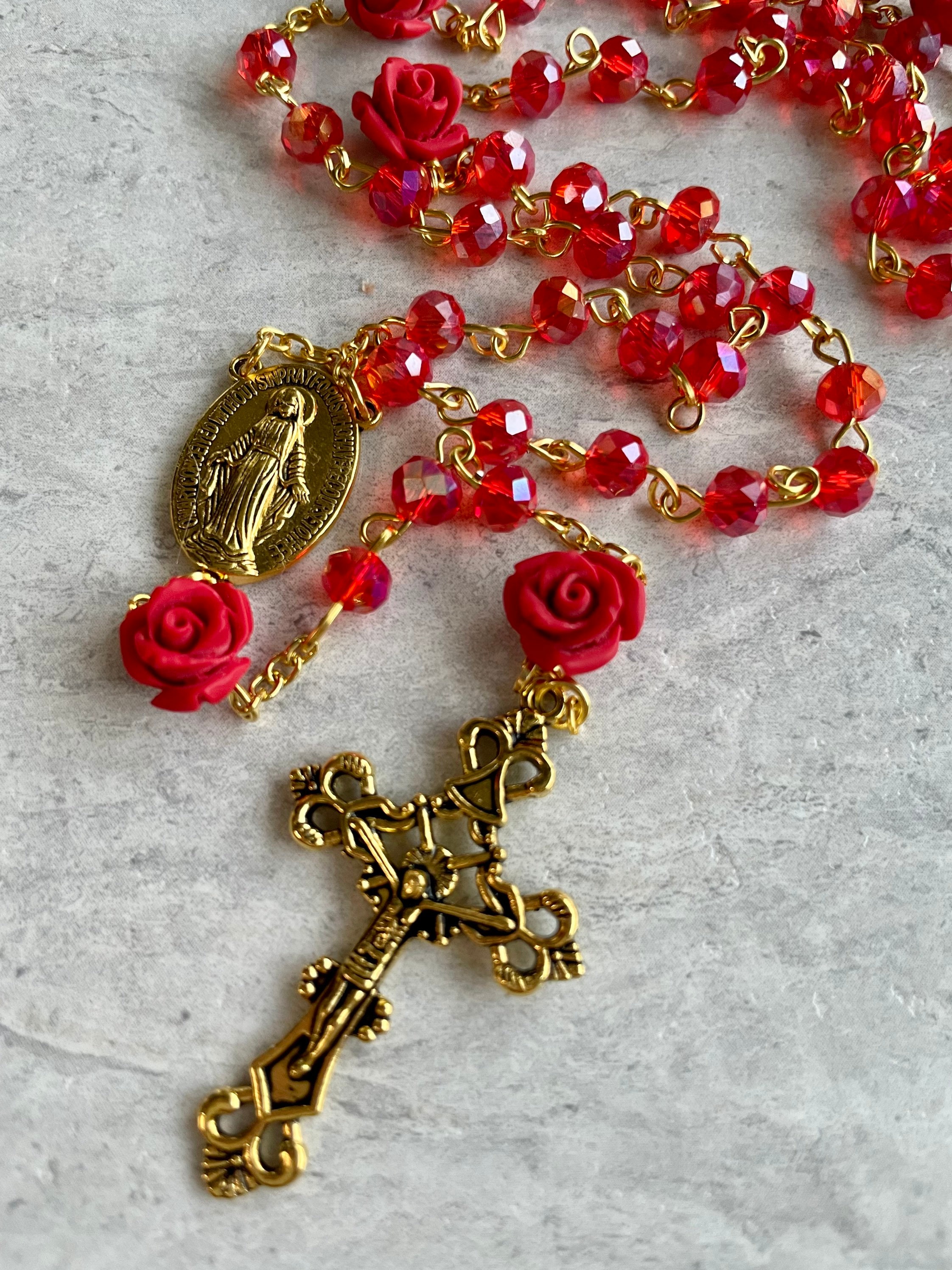Handcrafted Prayer Rosary. Red Crystals With Red Rose Beads - Etsy