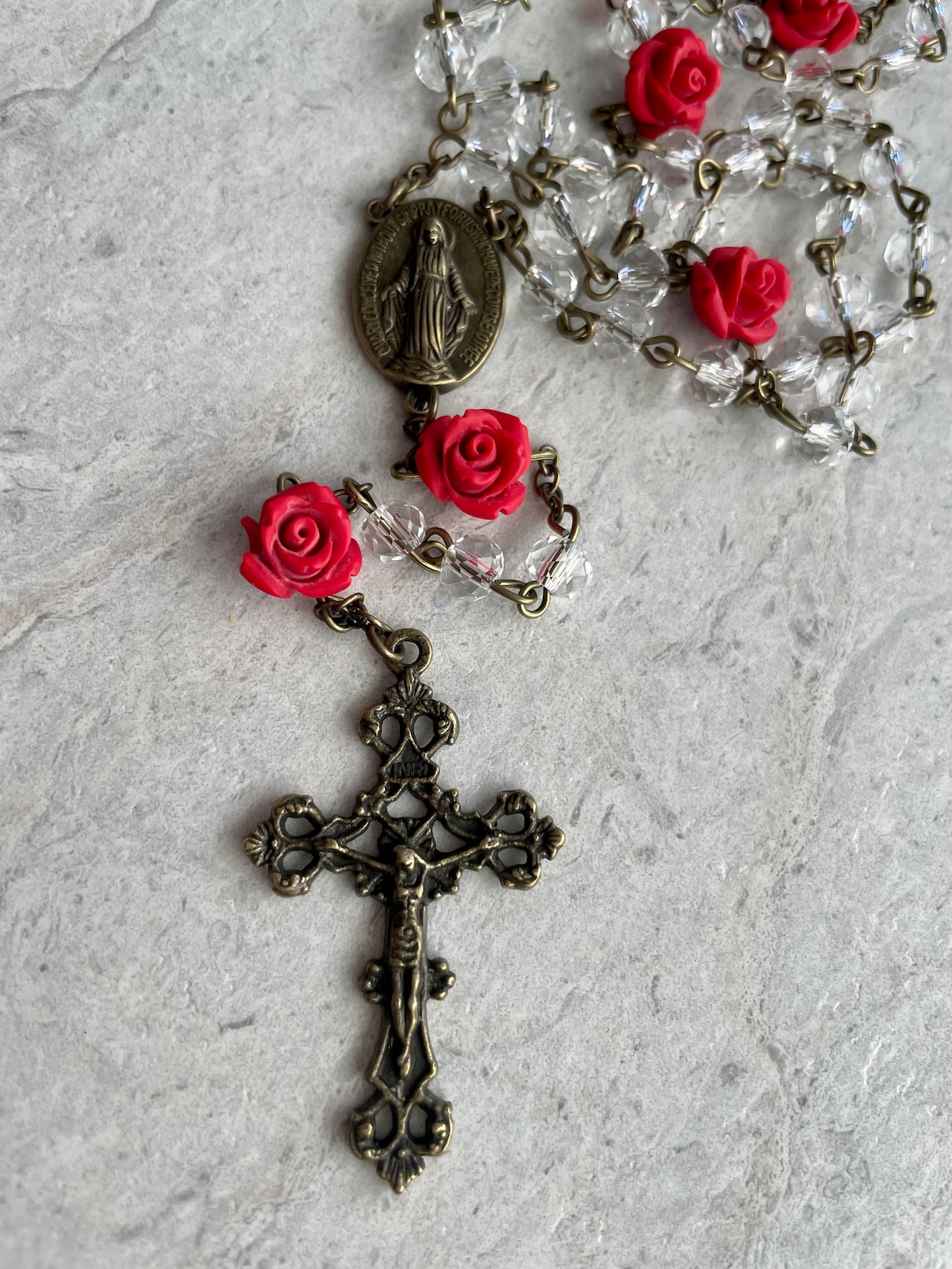 Handcrafted Catholic Prayer Rosary. Red Rose and Crystal Beads With ...