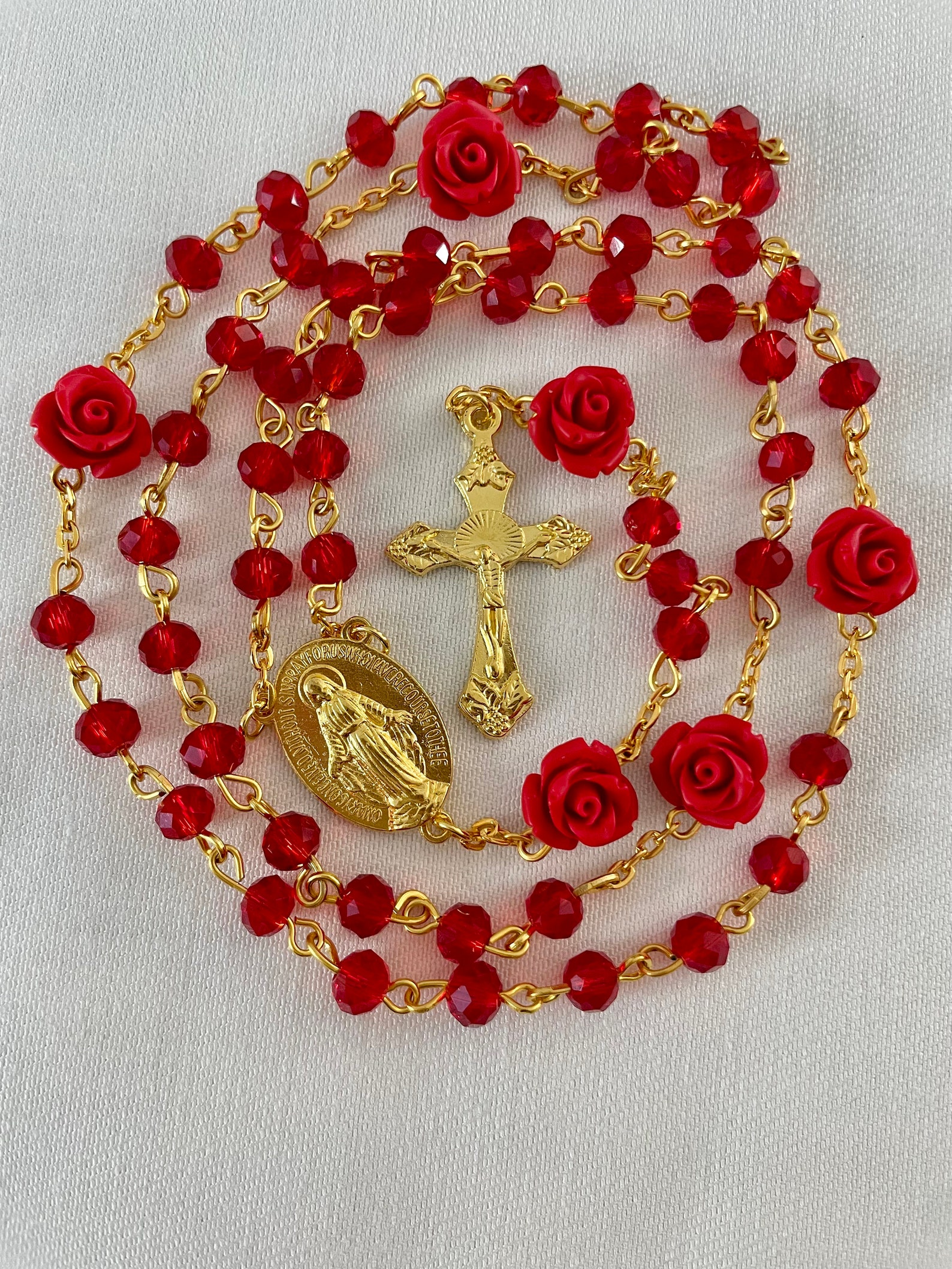 Handcrafted Catholic Prayer Rosary. Red Crystals, Red Rose Beads & Gold ...