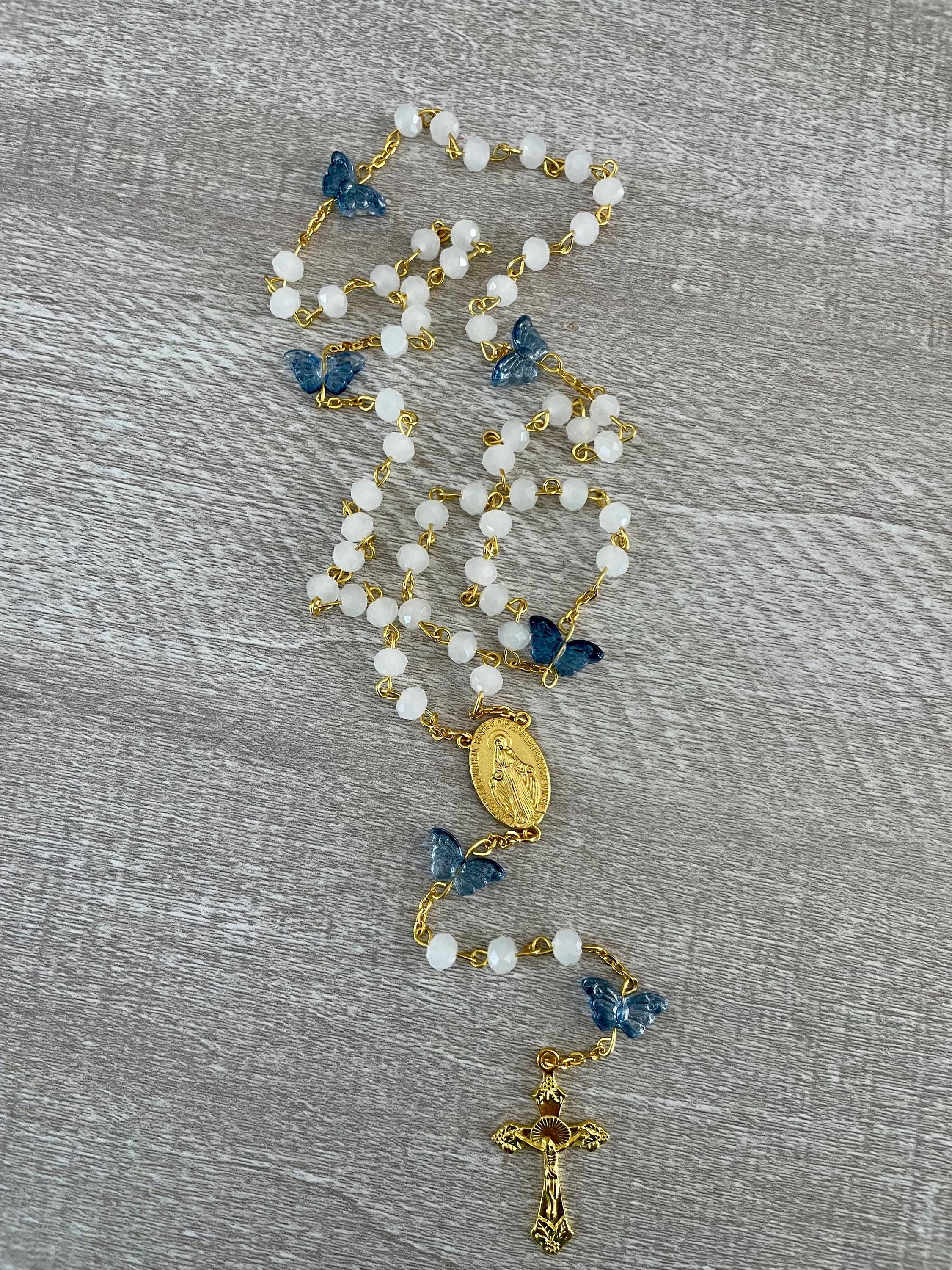 Catholic Prayer Rosary. White Crystals With Navy Blue Butterflies Gold ...