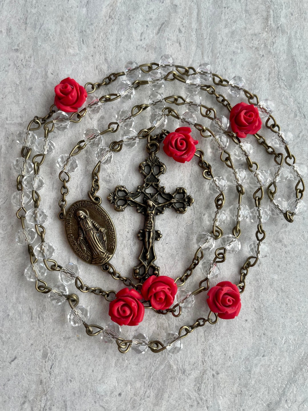 Handcrafted Catholic Prayer Rosary. Red Rose and Crystal Beads With ...
