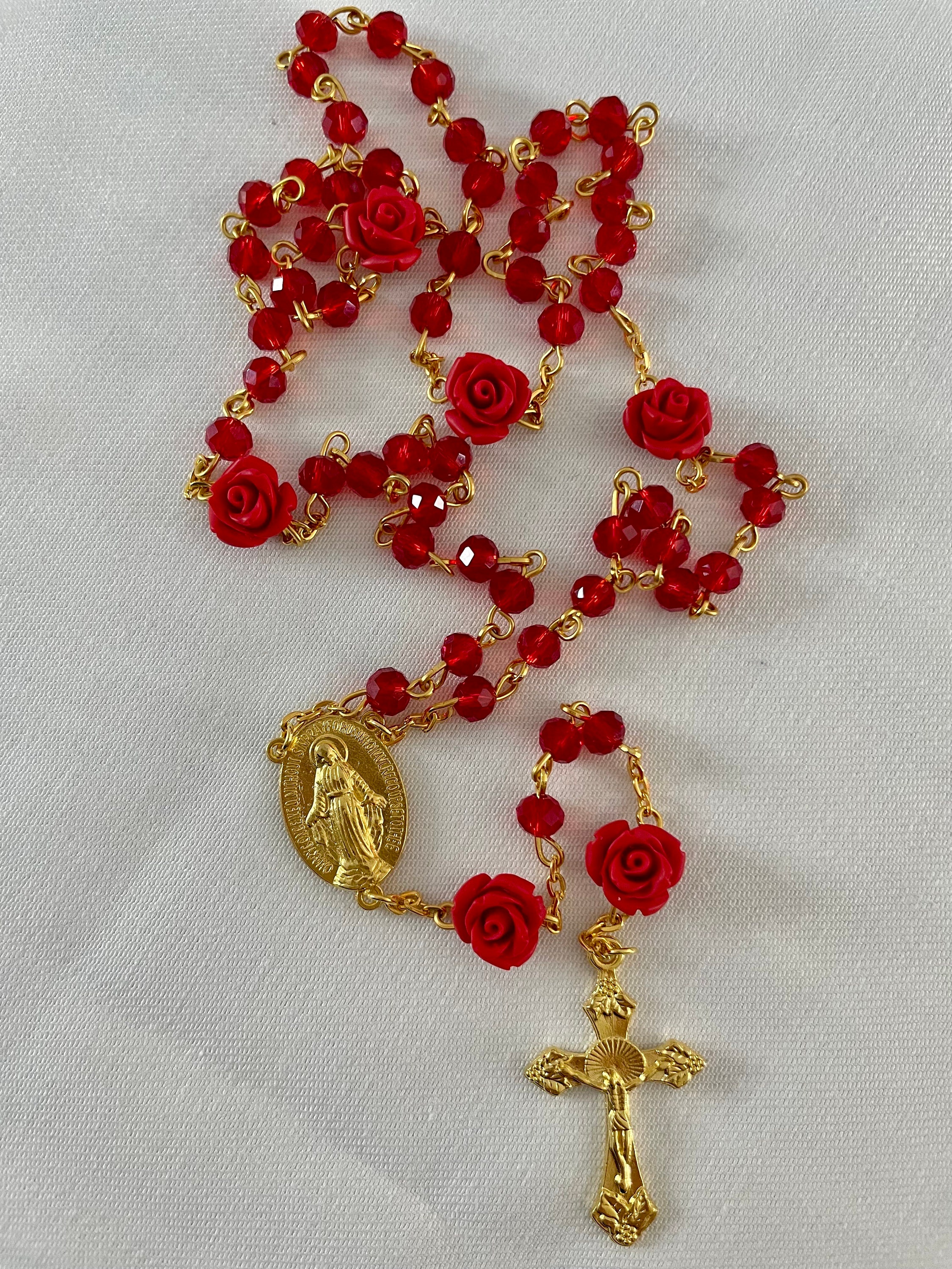 Handcrafted Catholic Prayer Rosary. Red Crystals, Red Rose Beads & Gold ...