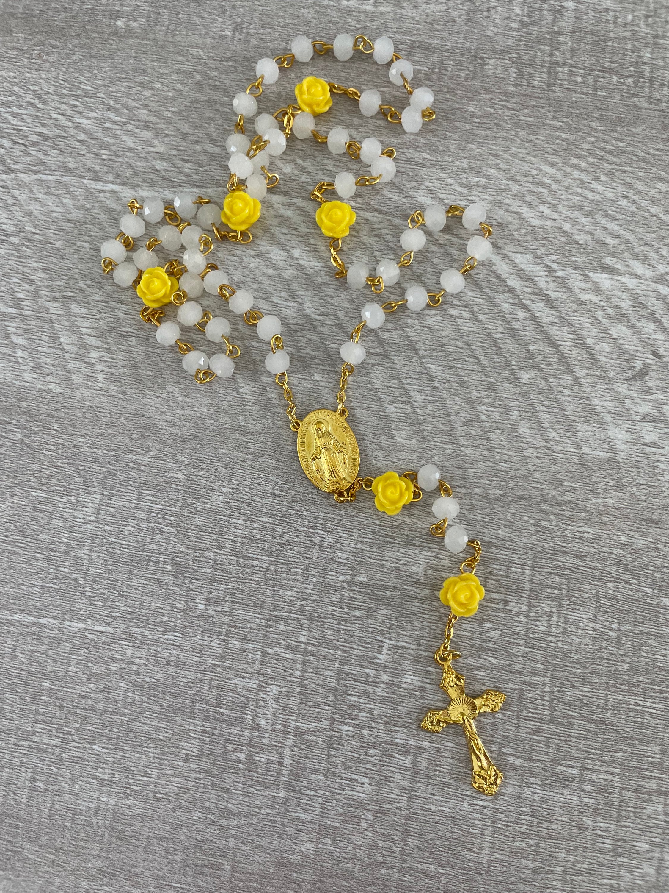 Handcrafted Catholic Prayer Rosary. Opal Crystals, Yellow Rose Beads ...