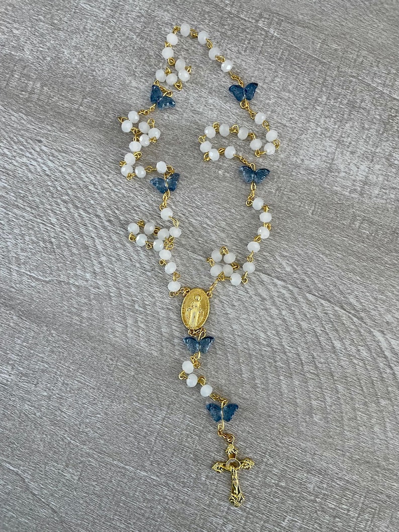 Catholic Prayer Rosary. White Crystals With Navy Blue Butterflies Gold ...