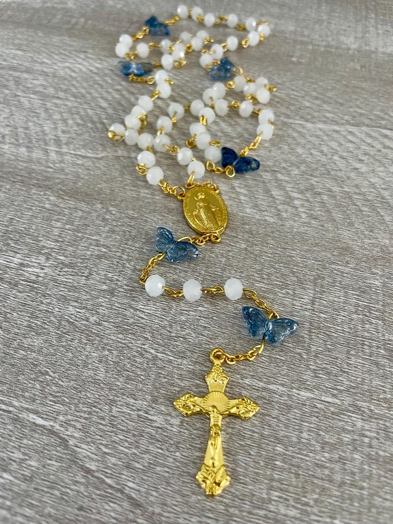 Catholic Prayer Rosary. White Crystals With Navy Blue Butterflies Gold ...