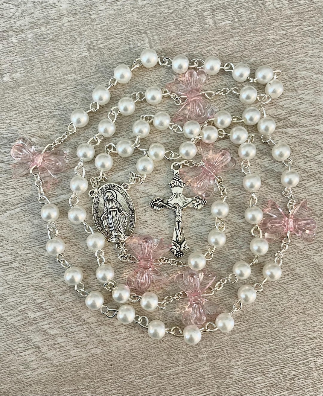 Handmade Pearl & Pink Ribbon Bead Catholic Rosary, Coquette Rosary ...